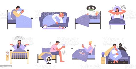 사람들은 침대에서 잠을 잘 수 없습니다 불면증의 다른 원인으로 고통받는 불면증 캐릭터 양 수를 수면에 개수 벡터 일러스트 레이