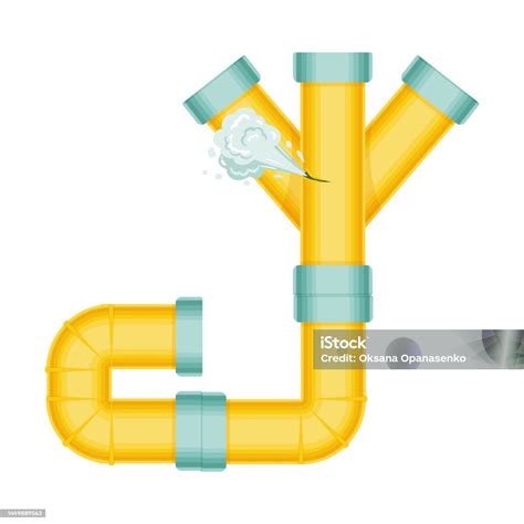증기 또는 납 가스의 누출 파이프 라인의 파열로 깨진 파이프 수도꼭지 떨어지기 물 공급 문제 파이프 파손 흰색 배경에 격리된 바람 그림 0명에 대한 스톡 벡터 아트 및 기타