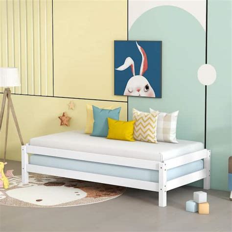 Urtr White Wood Frame Twin Size Platform Bed 2 Twin Solid Wood Bed Guest Bed Stackable Bed For