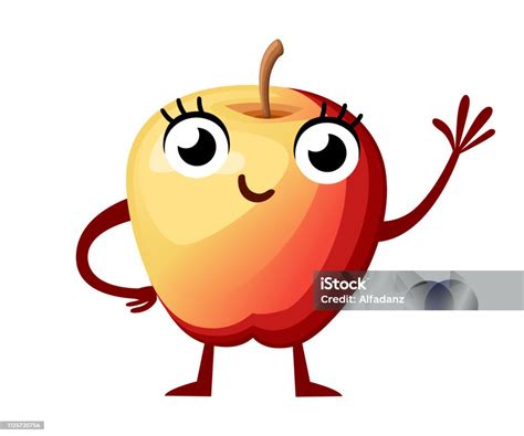 노란 애플의 마스코트 만화 캐릭터 디자인입니다 애플 인사를 흔들며 웃 고 흰색 배경에 고립 된 평면 벡터 일러스트 레이 션 건강한 생활방식에 대한 스톡 벡터 아트 및 기타