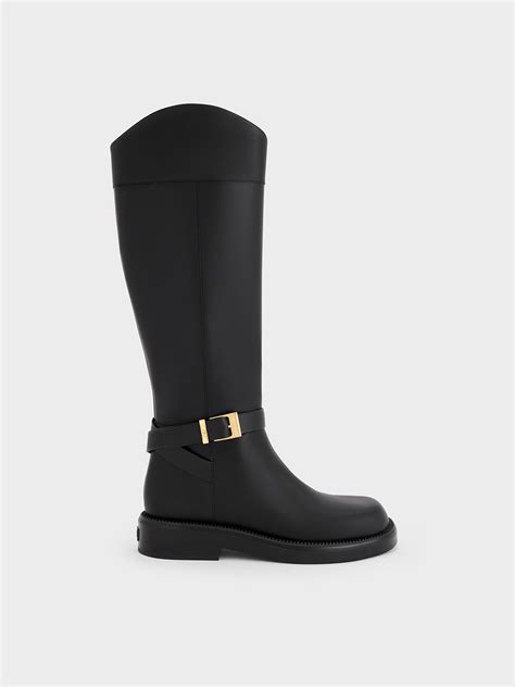 Charles And Keith Leather Buckled Strap Knee High Boots In Black Lyst