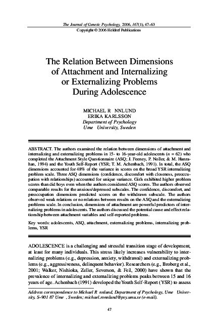 Pdf The Relation Between Dimensions Of Attachment And Internalizing