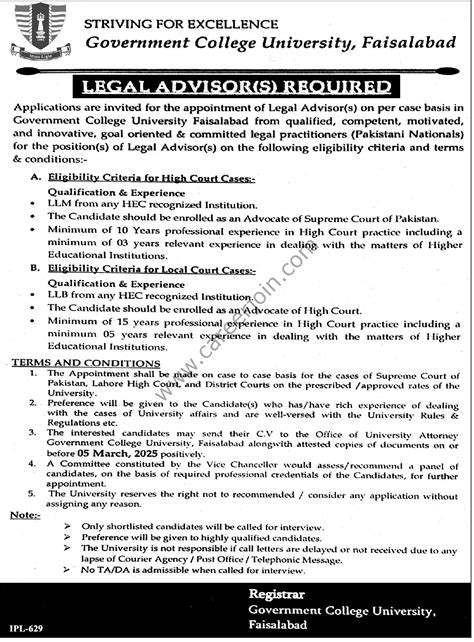 Government College University Faisalabad Jobs Legal Advisors