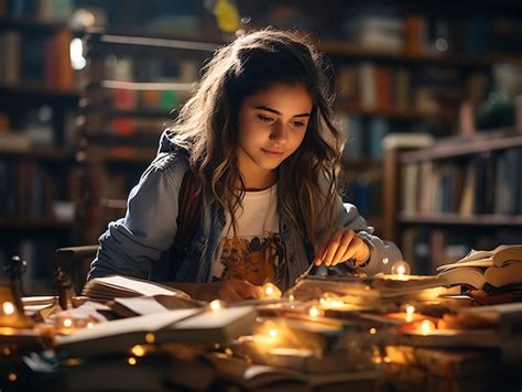 Premium Ai Image A Girl Researching With Books Studious And Diligent