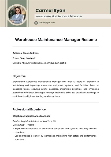 Free Warehouse Maintenance Manager Resume Template To Edit Online