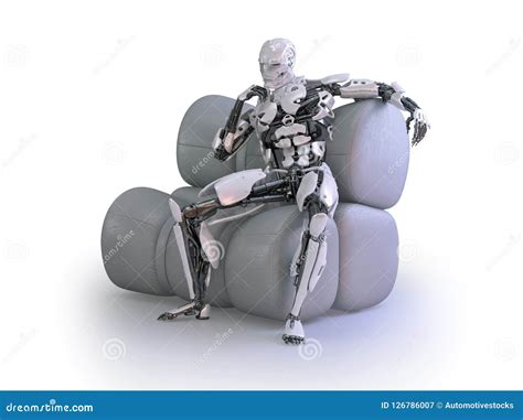 A Male Humanoid Robot Android Or Cyborg Sitting On Comfortable Couch