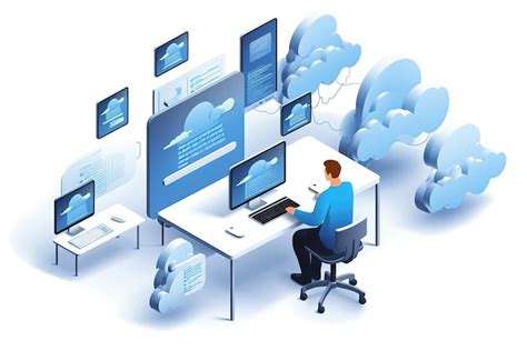Isometric Cloud Technology People Working From Office Global