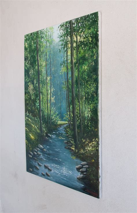 Stream In Forest Oil Painting Original Artwork On Canvas Large Etsy