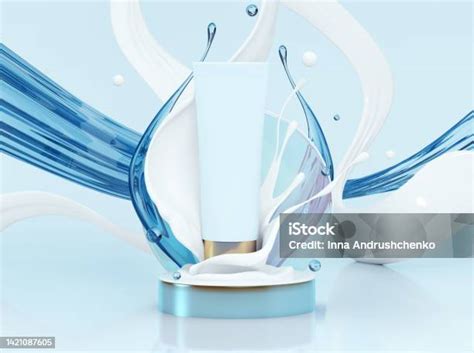 크림의 튜브 액체 화장품 스킨 케어 화장품 병 바디 크림 스플래쉬의 바디 로션 3d 렌더링 치약 모형 프로모션 배너 파란색 배경