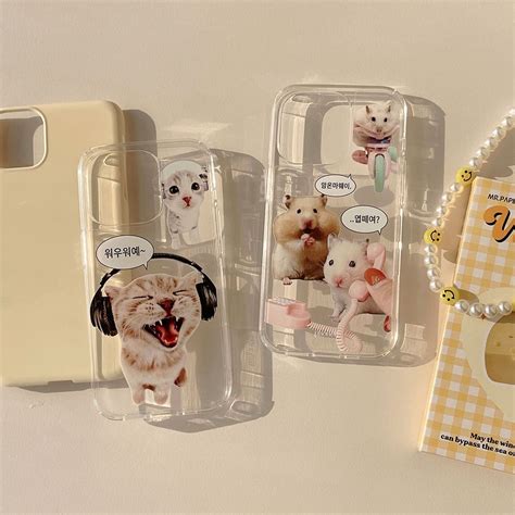 말풍선 헤드셋 고양이 햄스터 스티커 아이폰갤럭시 젤하드 투명 케이스