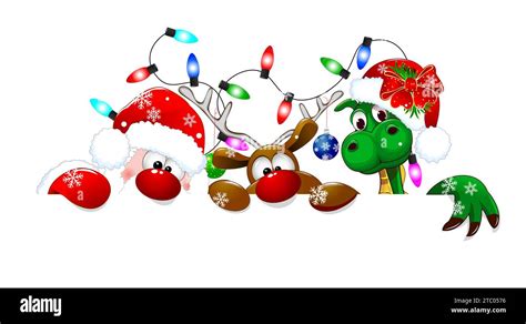 Santa Claus Deer And Dragon On A White Background Cartoon Characters
