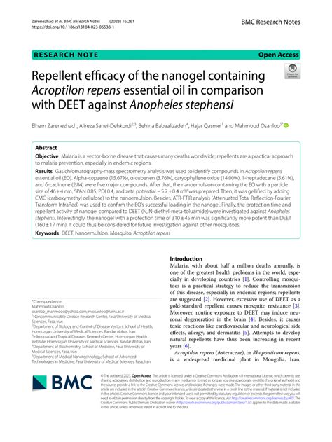 Pdf Repellent Efficacy Of The Nanogel Containing Acroptilon Repens Essential Oil In Comparison