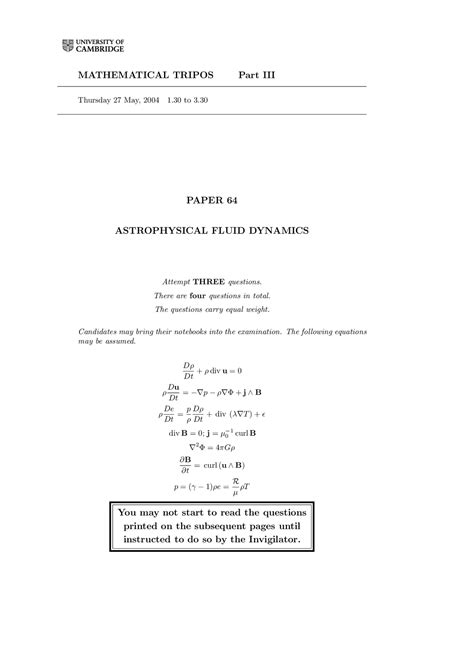 Astrophysical Fluid Dynamics Mathematical Tripos Old Exam Docsity