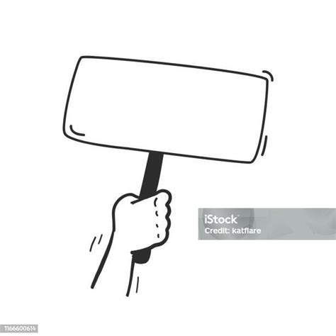 흰색 배경에 격리 된 인간의 손으로 투표 배너 상자를 들고 벡터 투표 그림 손으로 그린 낙서 스타일입니다 드로잉에 대한 스톡