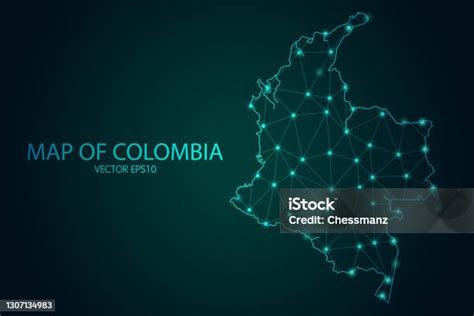 콜롬비아지도 어두운 그라데이션 배경에 빛나는 점과 선 비늘 3d 메쉬 다각형 네트워크 연결 지도에 대한 스톡 벡터 아트 및 기타 이미지 Istock
