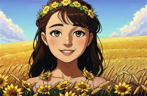 Premium Ai Image Portrait Of A Beautiful Girl In A Wreath Of Flowers On A Wheat Field