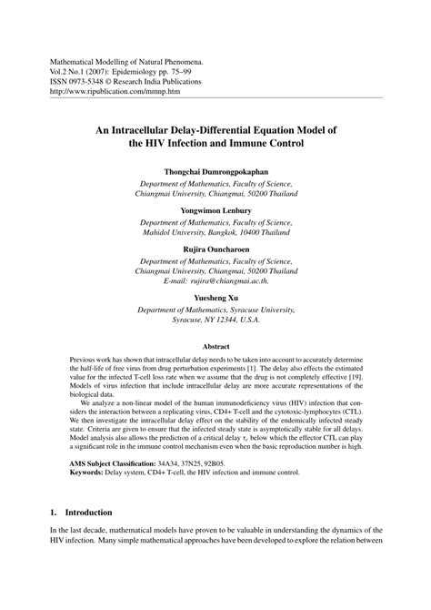 Pdf An Intracellular Delay Differential Equation Model Of The Hiv Infection And Immune Control