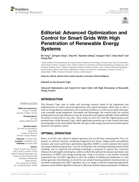 Pdf Editorial Advanced Optimization And Control For Smart Grids With