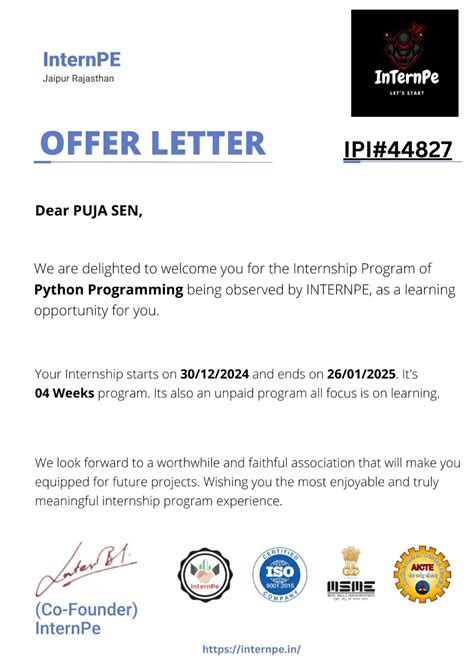 Puja Sen On Linkedin Internpe Internshipjourney Pythonprogramming