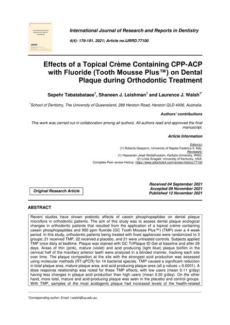 PDF Effects of a Topical Crème Containing CPP ACP with Fluoride Tooth Mousse Plus on Dental