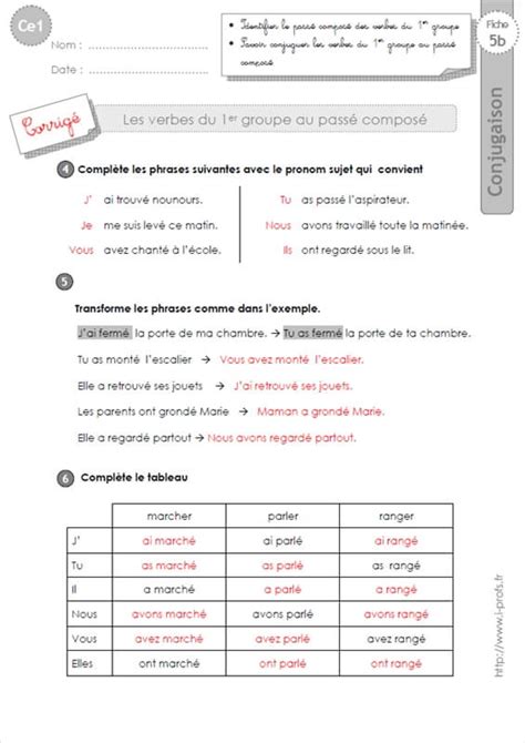 Ce1 Exercices Passé Composé Des Verbes Du 1er Groupe