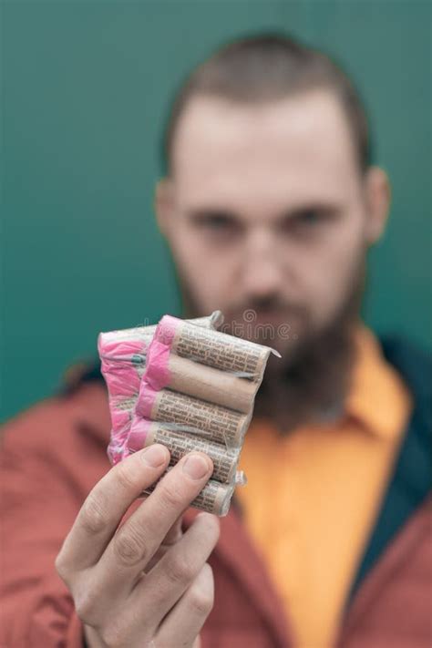 Man Holding Firecrackers In His Hand Stock Image Image Of Beard
