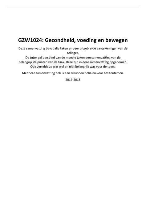 Samenvatting Blok 4 Gezondheid Voeding En Bewegen Alle Colleges En