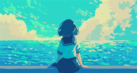 Kalomaaaaa Original Commentary Request 1girl Arms At Sides Blue Hair Blue Sailor Collar