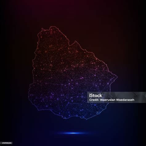 우루과이지도 개요 별과 선 여러 색상 추상 프레임 워크 어두운 배경에 미래 지향적인 낮은 다각형 와이어 프레임 선 및 점 디자인