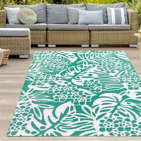 Tapis d extérieur résistant aux intempéries d inspiration tropicale en pétrole Größe x