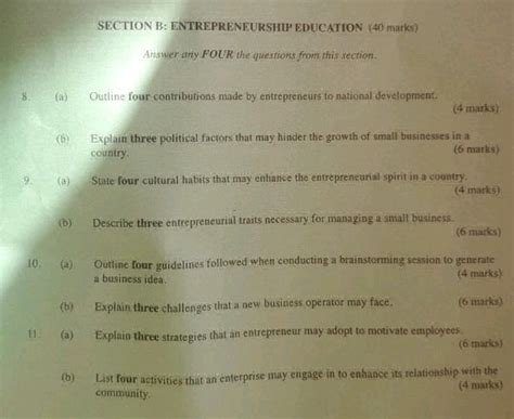Section B Entrepreneurship Education Marks Answer Any Four The