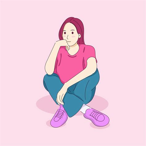 Hand Drawn Beauty Woman Sit And Thinking Pose Fashion 10933689 Vector Art At Vecteezy