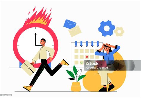 서류 가방을 들고 달리는 남자와 여자 노트북으로 스트레스 받는 평면 벡터 일러스트 레이 션은 시간 관리 마감 시간 및 작업 압력을 상징하며 흰색 배경에 고립되어 있습니다