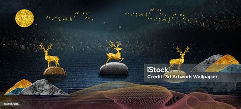 진한 파란색 배경과 물결 모양의 라인과 3d 현대 미술 벽화 벽지 황금 사슴 구름 물에 화려한 산 황금 달과 황금 조류 3차원 형태에 대한 스톡 사진 및 기타 이미지