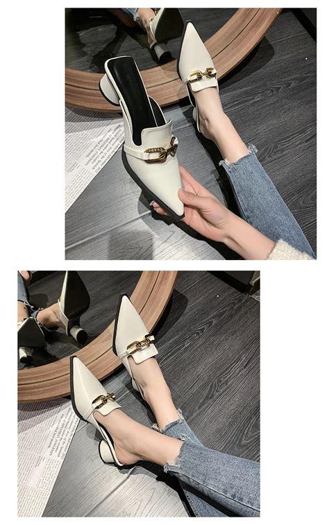 2022 Summer Luxury Women Black High Heels Slippers Close Toe Block