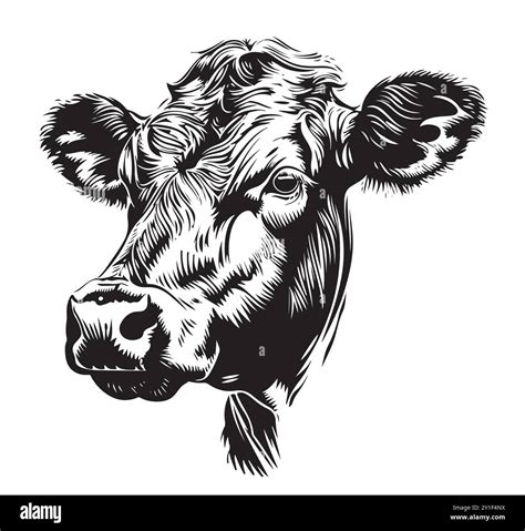 Farm Cow Head Sketch Hand Drawn Line Art Engraving Vector Illustration