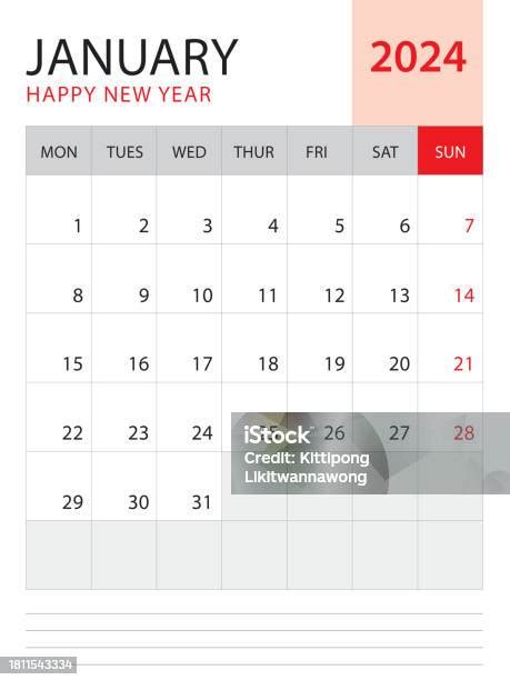 1 월 2024 달력 2024 빨간색 배경에 템플릿 벡터 월요일에 주 시작 탁상 달력 2024 년 벽 달력 디자인 기업 플래너