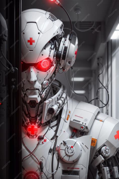 Premium Ai Image Scary Medical Bot With Red Eyes Peaking From The Corner