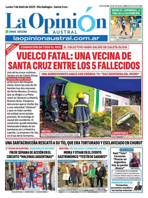 Tapa del Diario La Opinión Austral edición impresa del lunes de abril de Río Gallegos