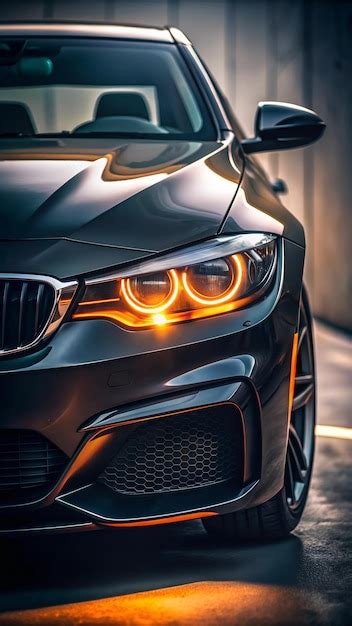 A Black Bmw With The Headlights On Premium AI Generated Image