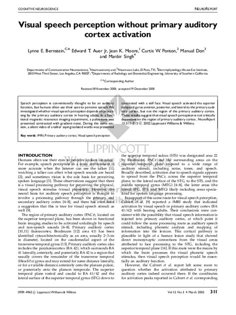 Pdf Visual Speech Perception Without Primary Auditory Cortex