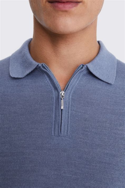 Cornflower Blue Merino Quarter Zip Polo Shirt