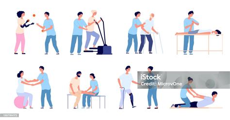 물리 요법 치료 부상 재활 치료 의료 물리 훈련 환자 완전 벡터 세트를 가진 의학 물리 치료사 물리치료에 대한 스톡 벡터 아트 및 기타 이미지 Istock
