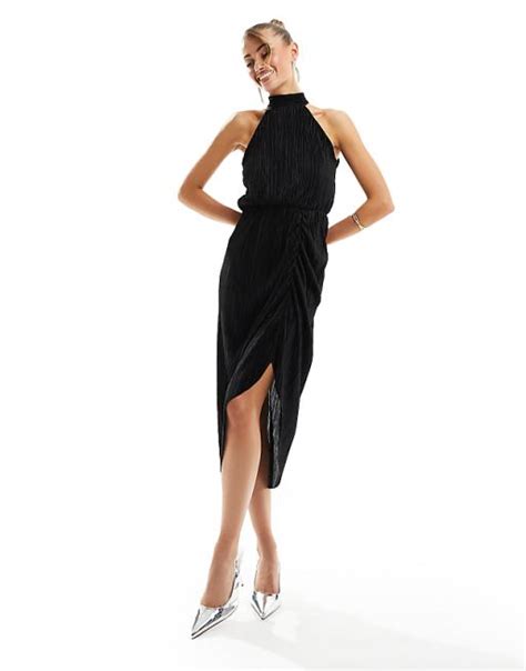 Ax Paris Halterneck Plisse Midi Dress In Black Asos