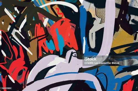 포스트 모더니즘 회화 예술 거리 예술 스타일 배경에 실루엣과 추상적인 형태가 있는 다채로운 작품 벽 예술 인쇄 및 포스터 거리에