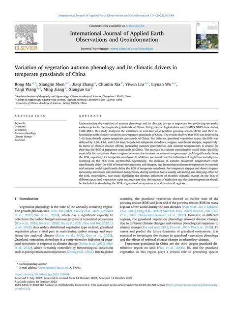 Pdf Variation Of Vegetation Autumn Phenology And Its Climatic Drivers In Temperate Grasslands