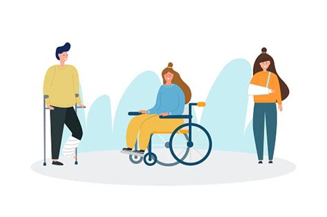 그의 다리에 캐스팅 남자의 이미지 세트 휠체어에 여자 부러진 팔을 가진 여자 플랫 일러스트레이션 건강관리와 의술에 대한 스톡 벡터 아트 및 기타 이미지 Istock