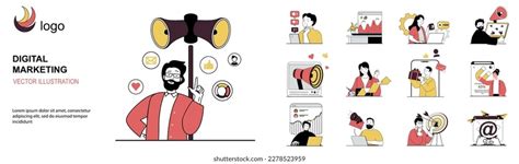 Digital Marketing Concept Character Situations Collection Stock Vector