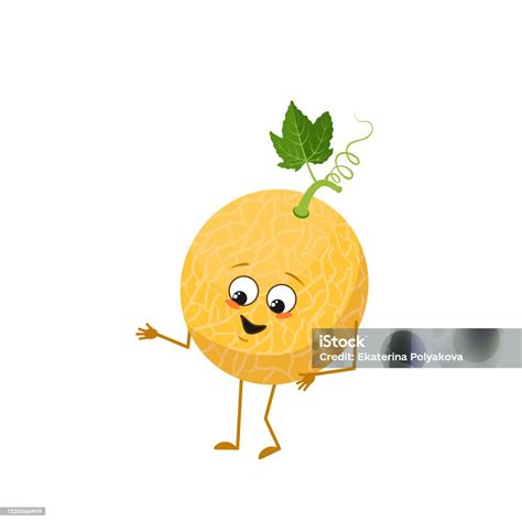 기쁨 감정 웃는 얼굴 행복한 눈 팔과 다리를 가진 귀여운 멜론 캐릭터 눈이 있는 장난스러운 비타민 과일입니다 즐거운 음식 가공의