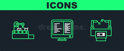 Set Line Assembly Line Factory Conveyor System Belt And Computer Monitor Screen Icon Vector